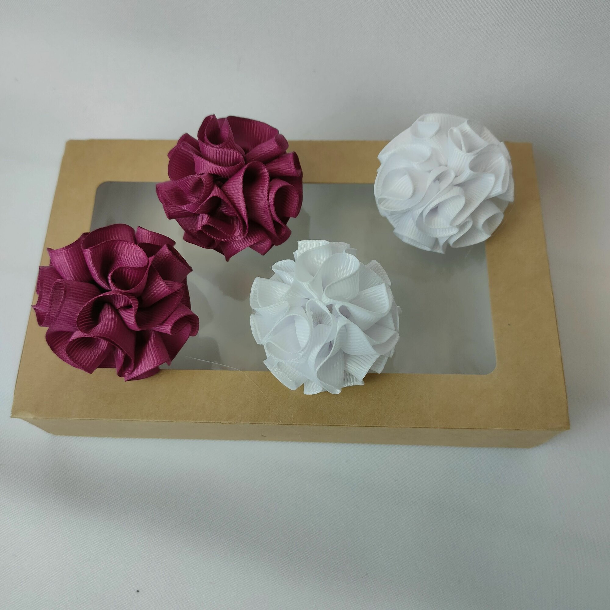 Банты для девочек ручной работы, бант шар, набор 4 штуки 2 цвета бордовый и белый