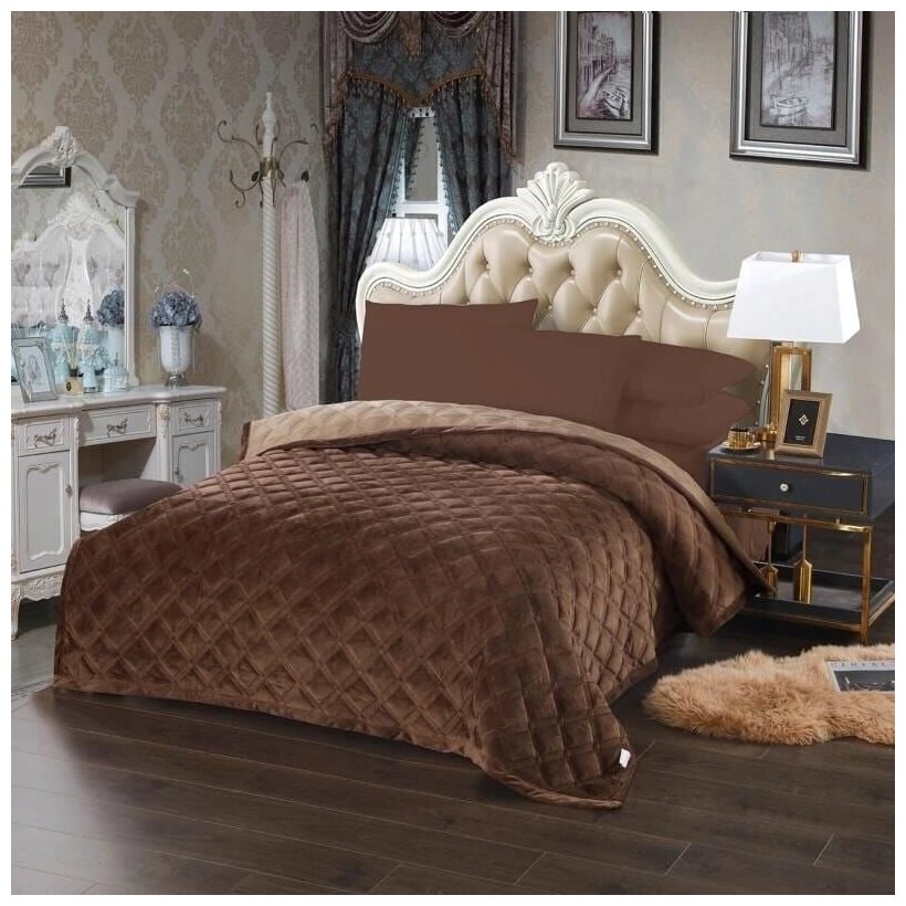 Покрывало 220x240 евро на кровать, на диван стеганное коричневый, велюр