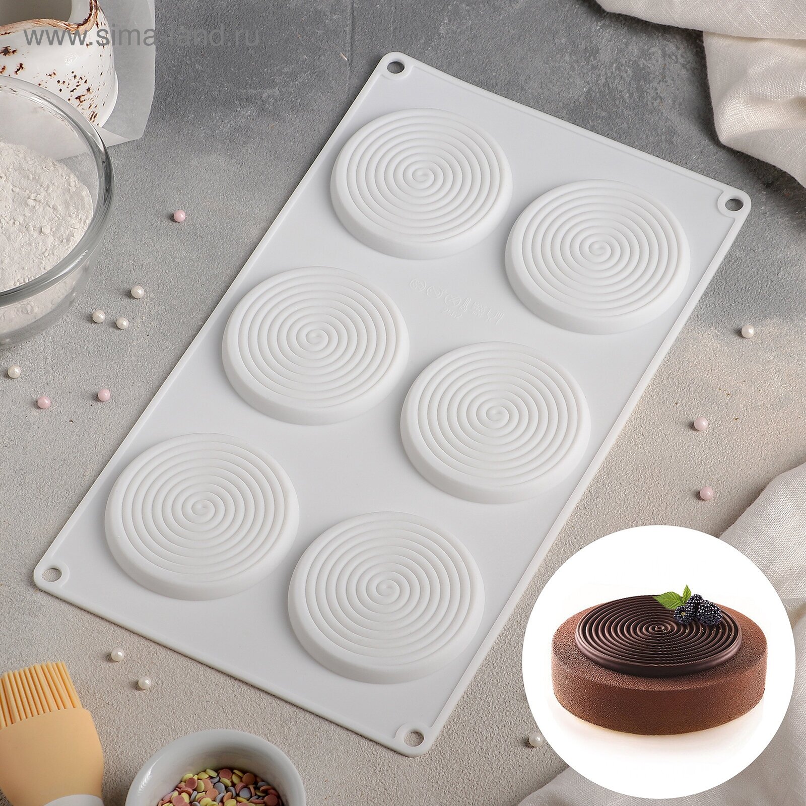 Форма силиконовая для муссовых десертов и выпечки Доляна «Гипноз», 30×17,5×0,5 см, 6 ячеек, d=7,7 см, цвет белый, 2582027