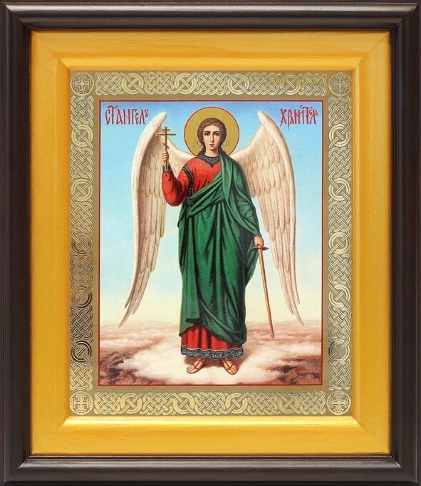 Ангел Хранитель (лик № 072), икона в широком деревянном киоте 21,5*25 см