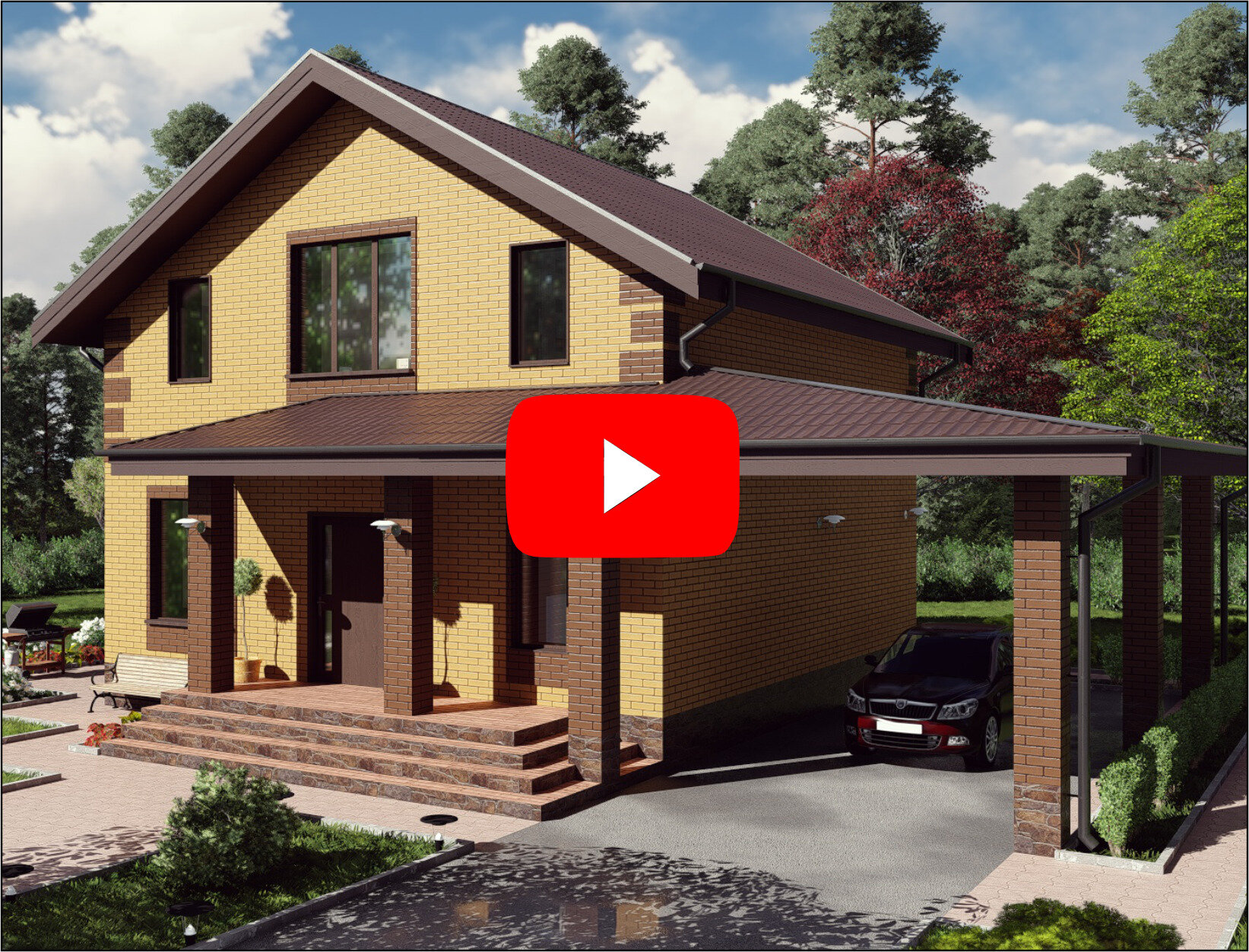 Готовый проект двухэтажного дома с мансардным этажом и навесом "КД-100"