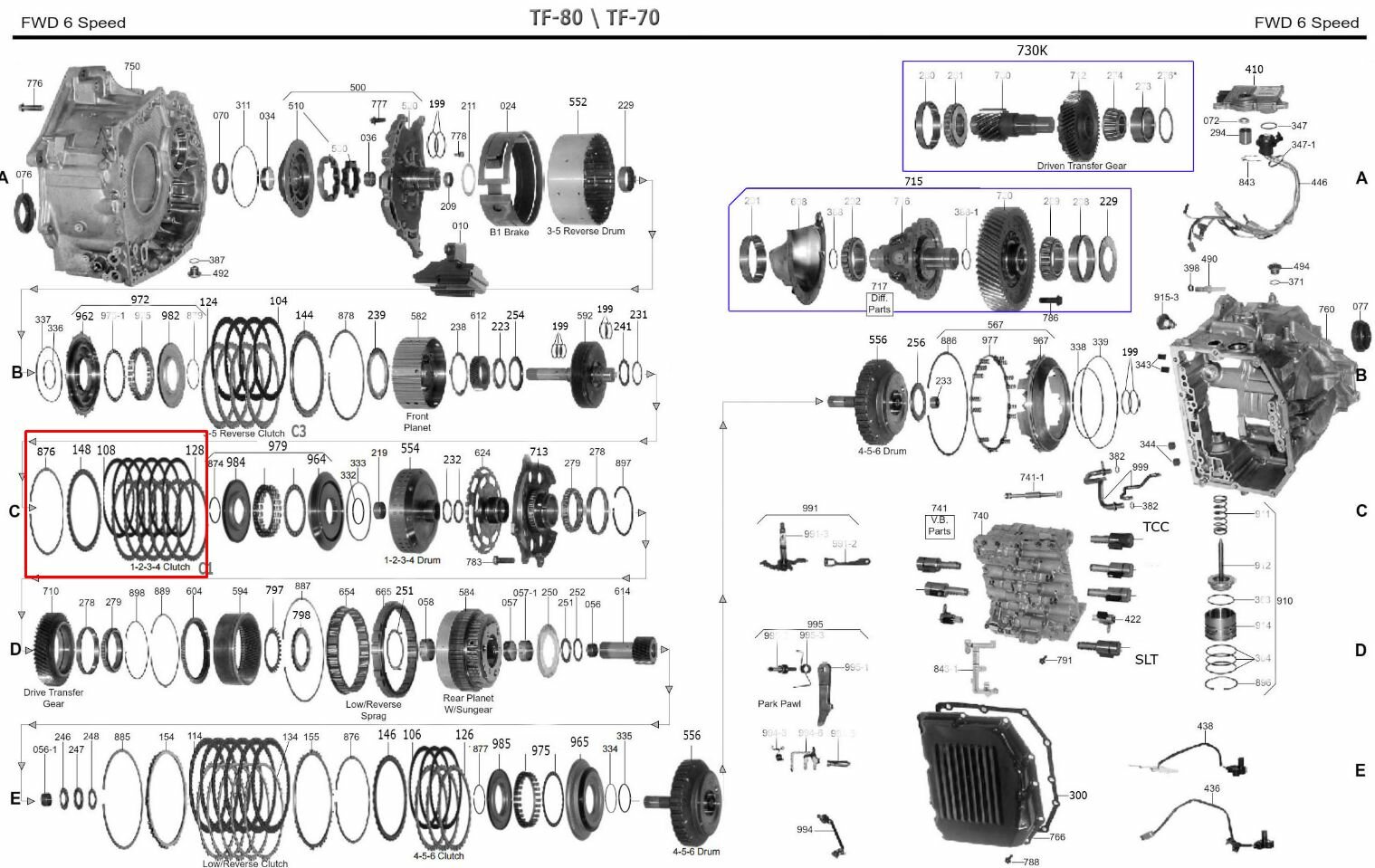 Пакет фрикционов 1-2-3-4 передач (TF70SC / AT6) Aisin