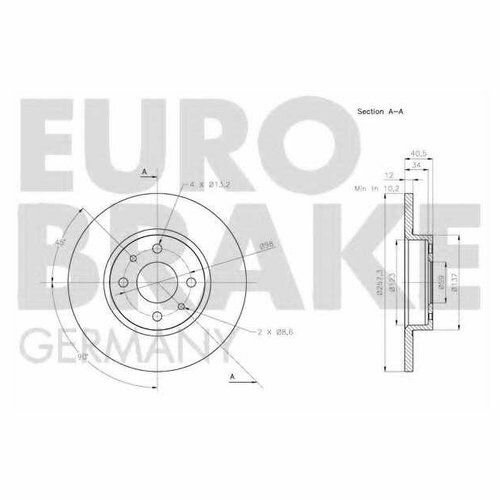 Диск тормозной передний EUROBRAKE 5815202365 для Fiat 500 (2007-н. в.), Fiat Panda (2012-н. в.), Lancia Ypsilon (2003-2011)