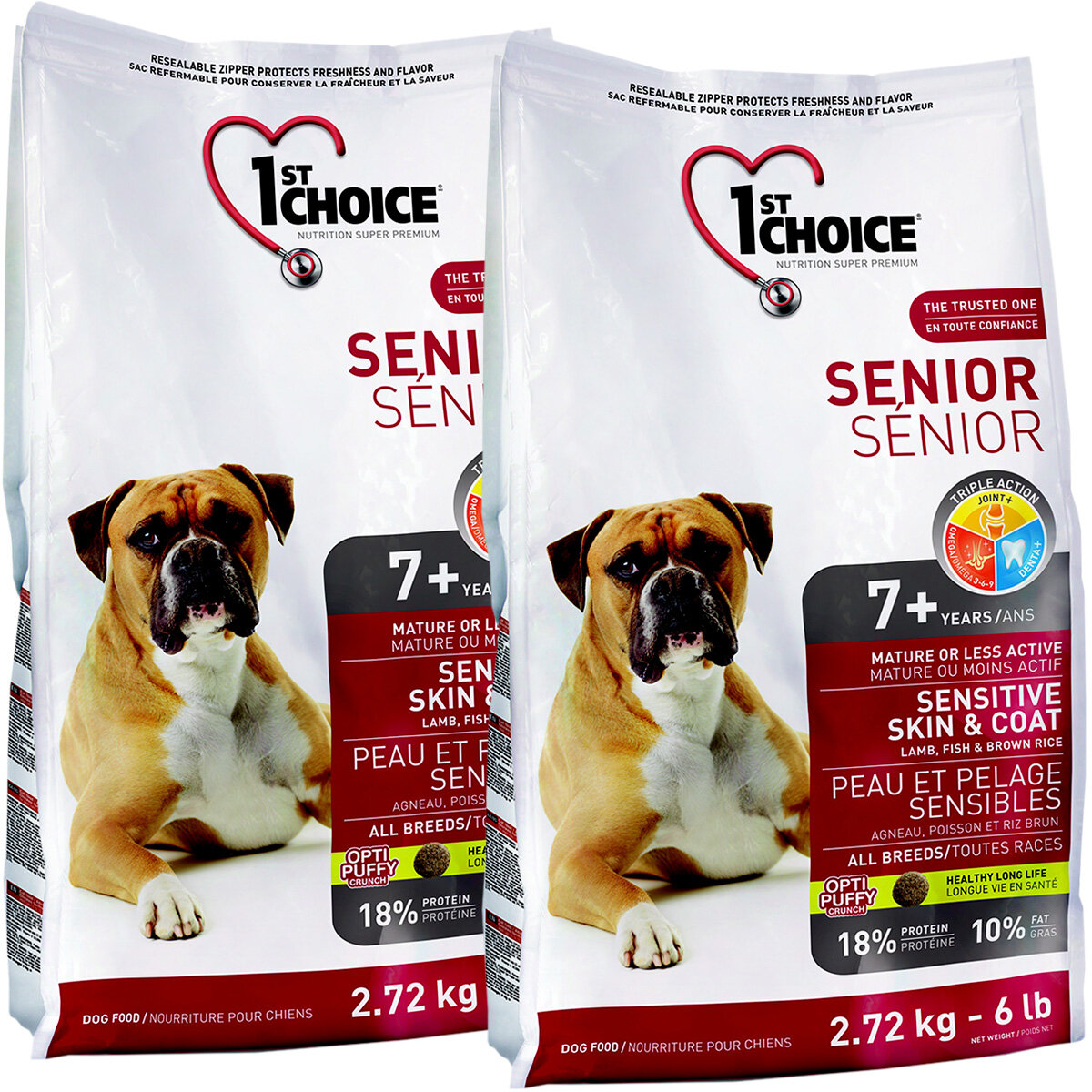 1ST CHOICE DOG SENIOR 7+ ALL BREEDS SENSITIVE SKIN & COAT для пожилых собак всех пород старше 7 лет при аллергии с ягненком, рыбой и коричневым рисом (2,72 + 2,72 кг)