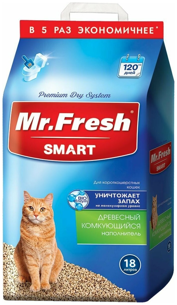 Наполнитель MR.FRESH SMART комкующийся древесный для короткошерстных кошек (18 л/8,4 кг)