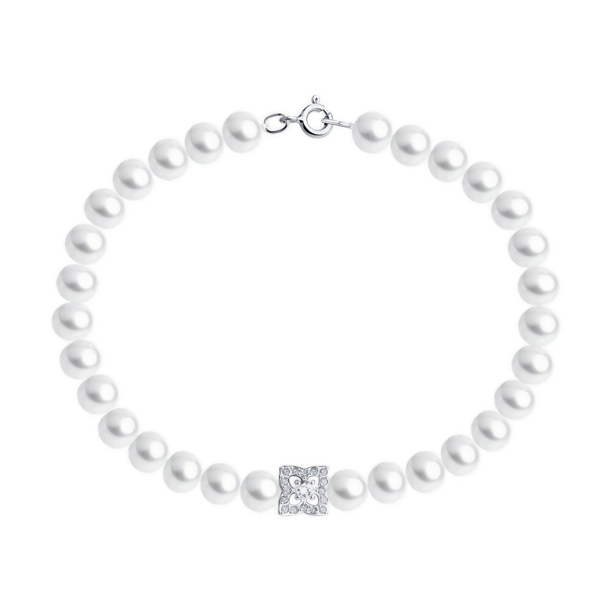 Браслет, белое золото, 585 проба, жемчуг, горный хрусталь, бриллиант