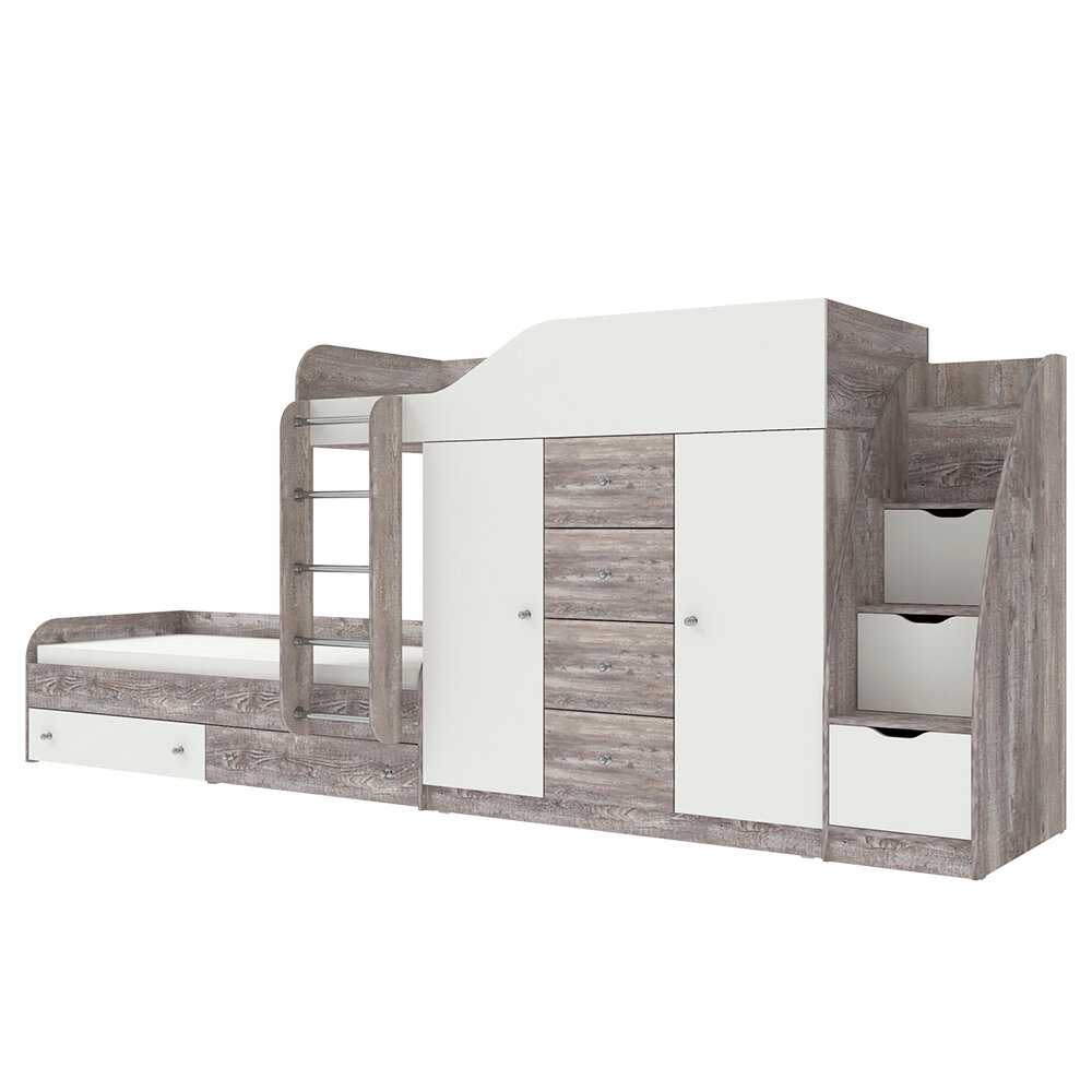 Кровать двухъярусная Астра 6 с лестницей комодом Бетон Белый