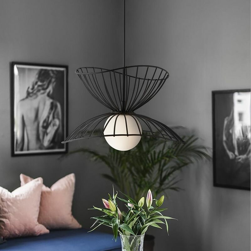 Современная минималистская стильная люстра в виде соломенной шляпы, Черный, теплый свет