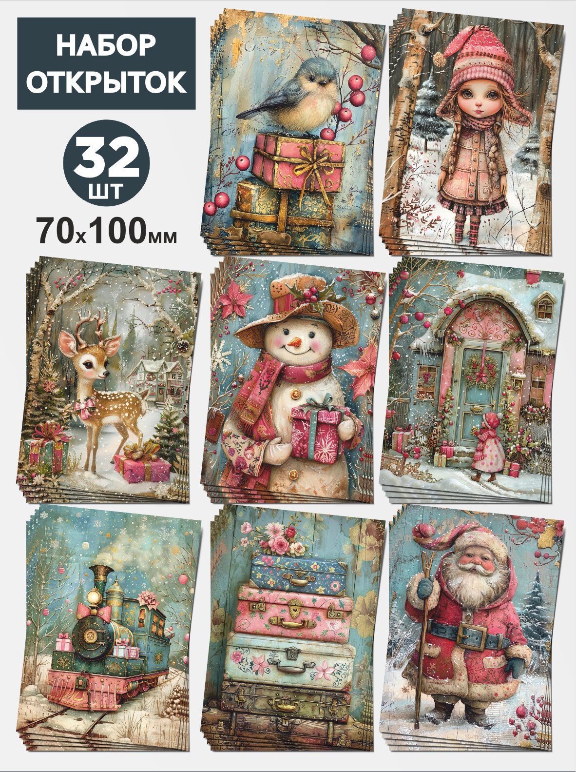 Набор мини-открыток 32 шт, 70х100мм, бирки, карточки, открытки для подарков на Рождество и Новый год, Набор №51, postcard_32_picture_A7_set_51