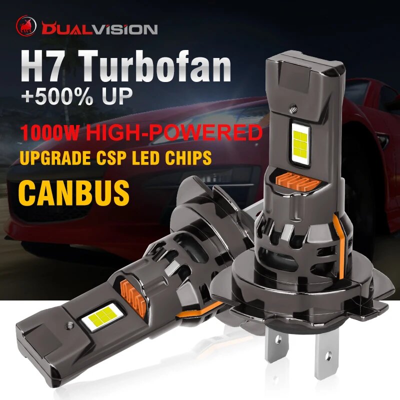 Dualvision 2Pcs 1000W Turbo H7 LED CANBUS Light Мини-налобный фонарь Размер 1:1, беспроводной H7 Автомобильные светодиодные лампы для фар с вентилятором 6000K Белый