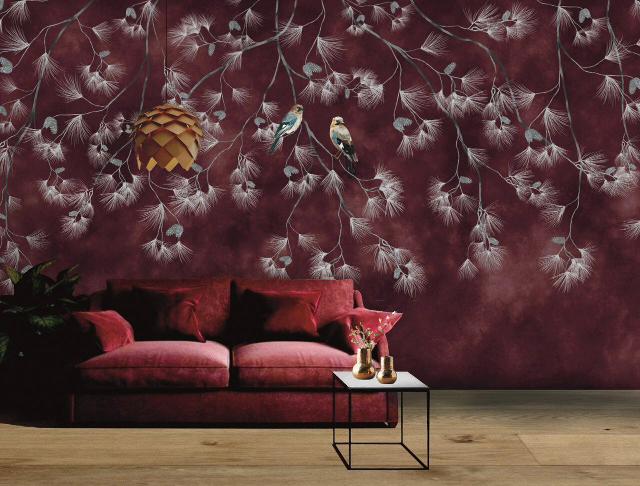 Обои бесшовные "Сойка" бордовый (ширина 3100мм х длина 3000мм)