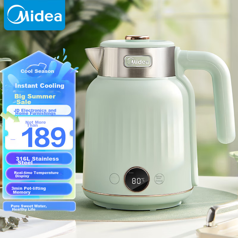 Midea Electric Kettle, Water Boiler, Hot Water Kettle, Constant Temperature Kettle, Food-Grade 316L Stainless Steel, 1.7 Liter Large Capacity, Double-Layer Anti-Scalding, Anti-Dry Burning, Heat Preservation, Health-Preserving, 53-Q