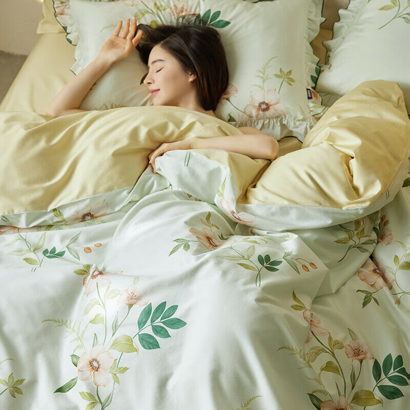 Duoxiai Cotton Bedding Set, Romantic French Style Duvet Cover And Bed Sheet Set, 4 Pieces, for 1.8m Bed, 229*230cm, with Ruffle Trim