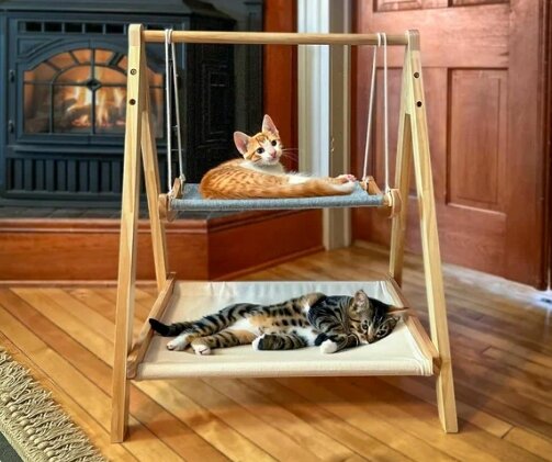 Гамак для домашних животных, универсальный наполнитель для домашних животных four seasons, кровать-качели для кошек, двухслойная подвесная корзина из массива дерева, съемная и моющаяся тканевая кроватка для кошек