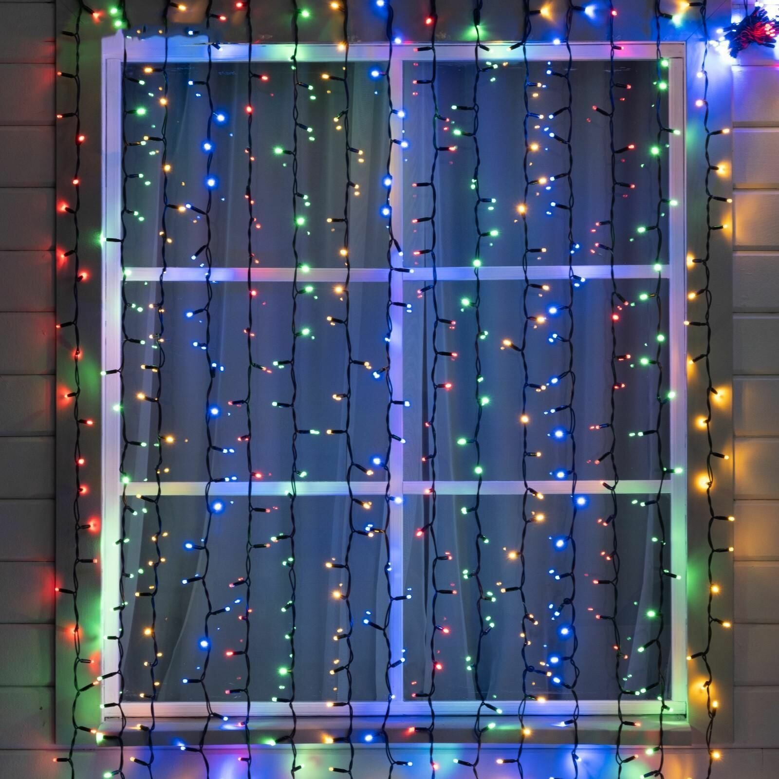 Гирлянда уличная Занавес, светодиодная электрогирлянда штора на окна и фасад, тёмная нить, 600 LED свечение мульти, 220 В