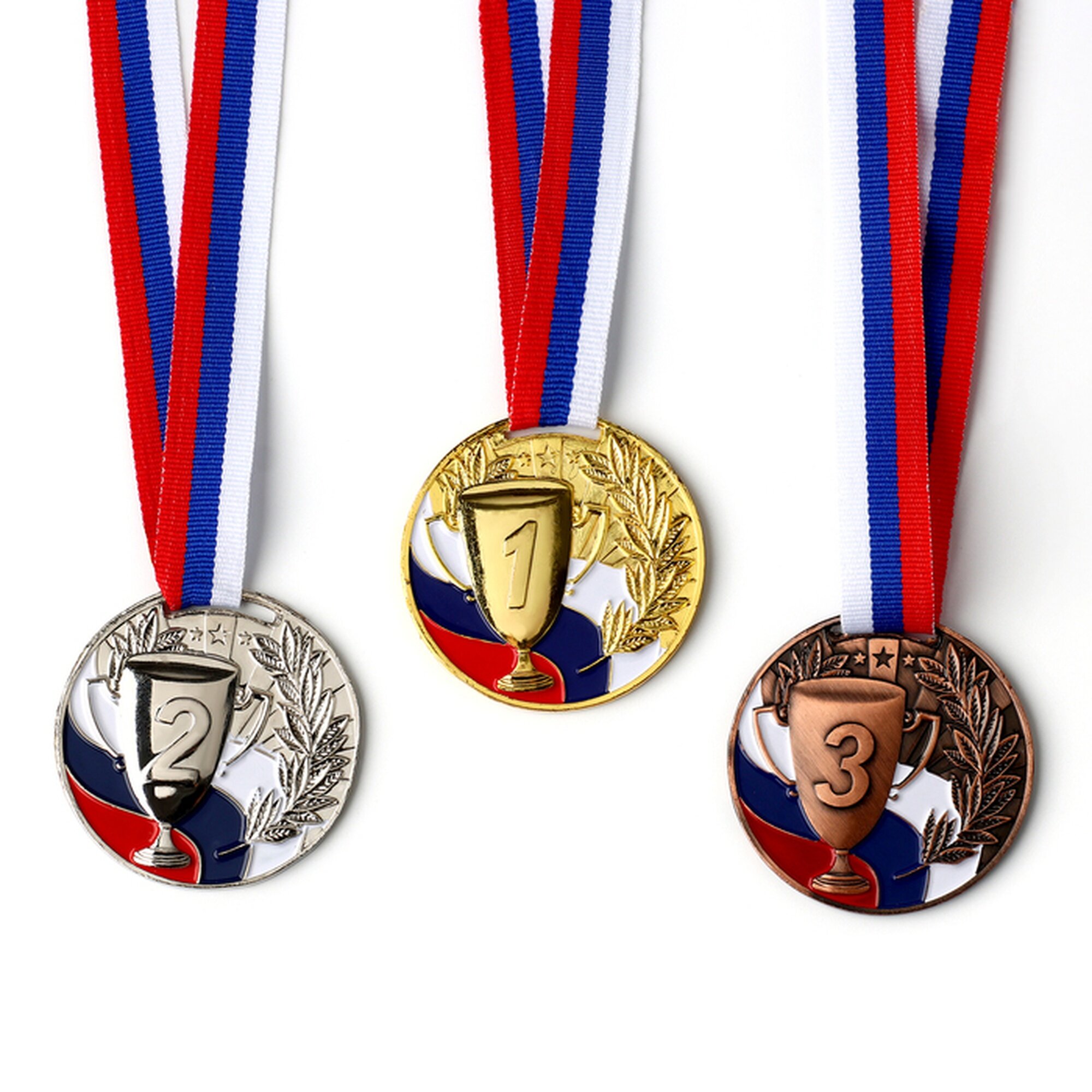 Набор призовых медалей 013 диам 5см. 1,2,3 место. Триколор. С лентой.