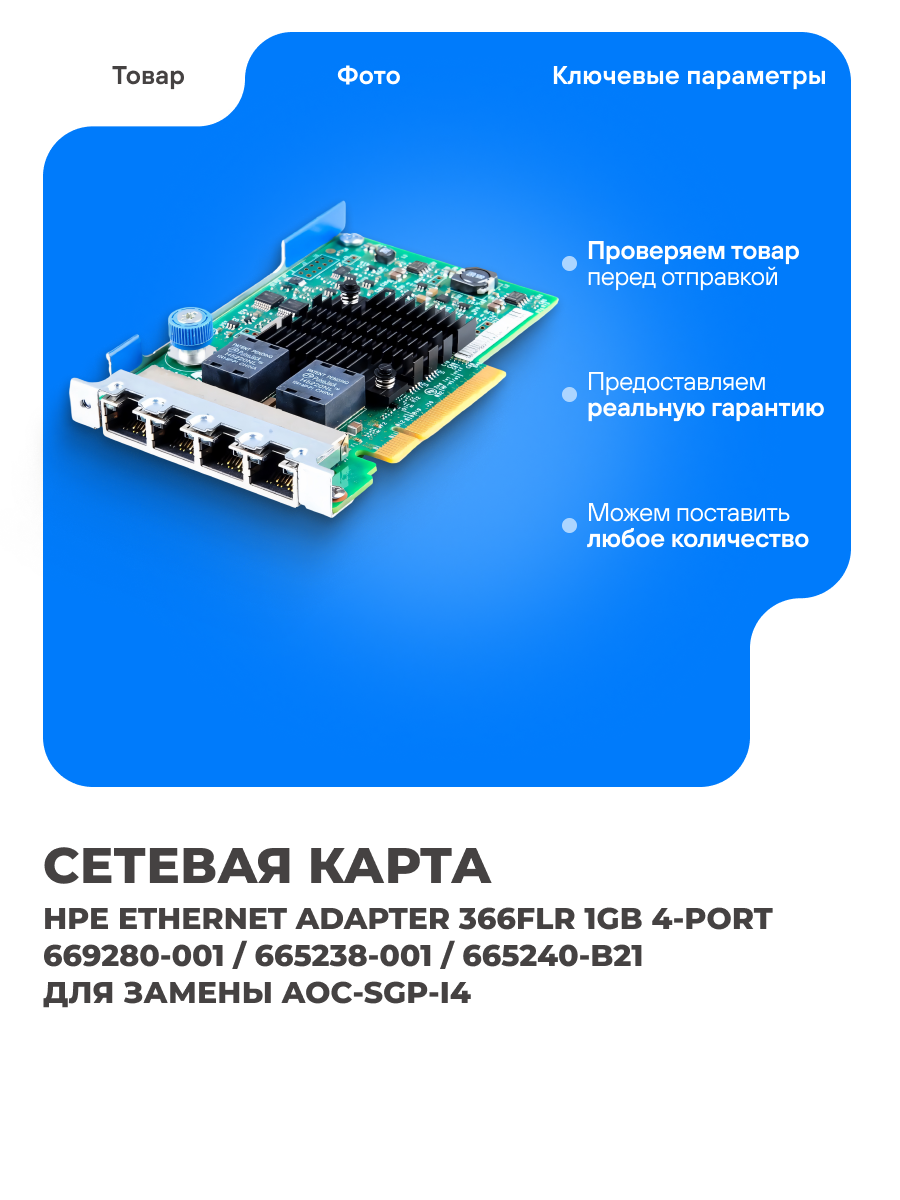 Сетевой адаптер HP 366FLR 665240-B21 4х1Gb 1000BASE-T 669280-001 665238-001 совместим с HPE Proliant DL 20