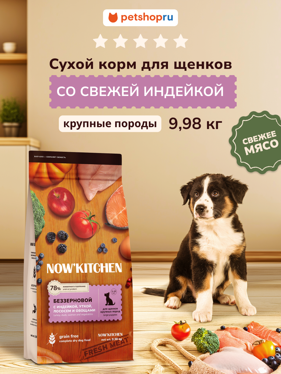 NOW'KITCHEN Fresh беззерновой сухой корм для щенков крупных пород со свежей индейкой, уткой, лососем, Large Puppy Grain-free Recipe, Turkey, Duck, Salmon, 9,98кг