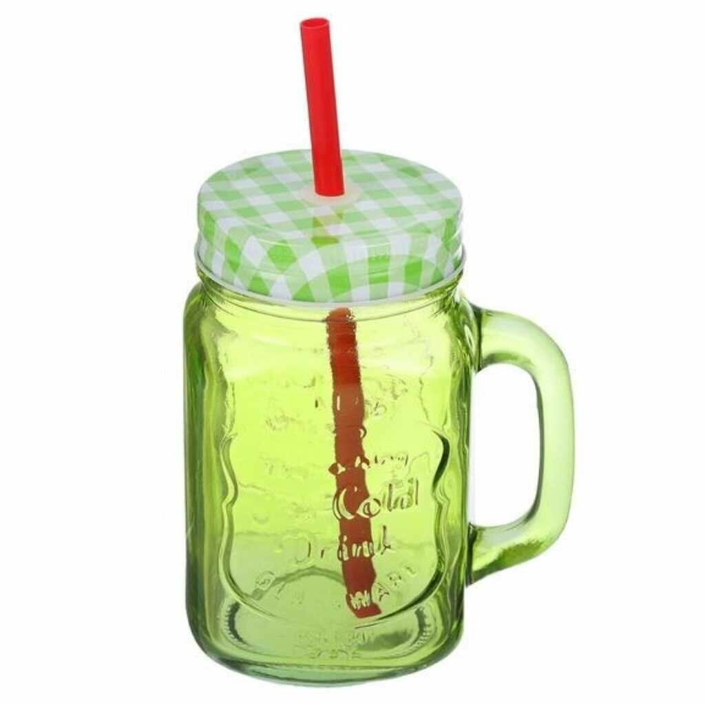 Банка для напитков КНР для смузи из стекла, 450 мл, с крышкой и трубочкой, зеленая