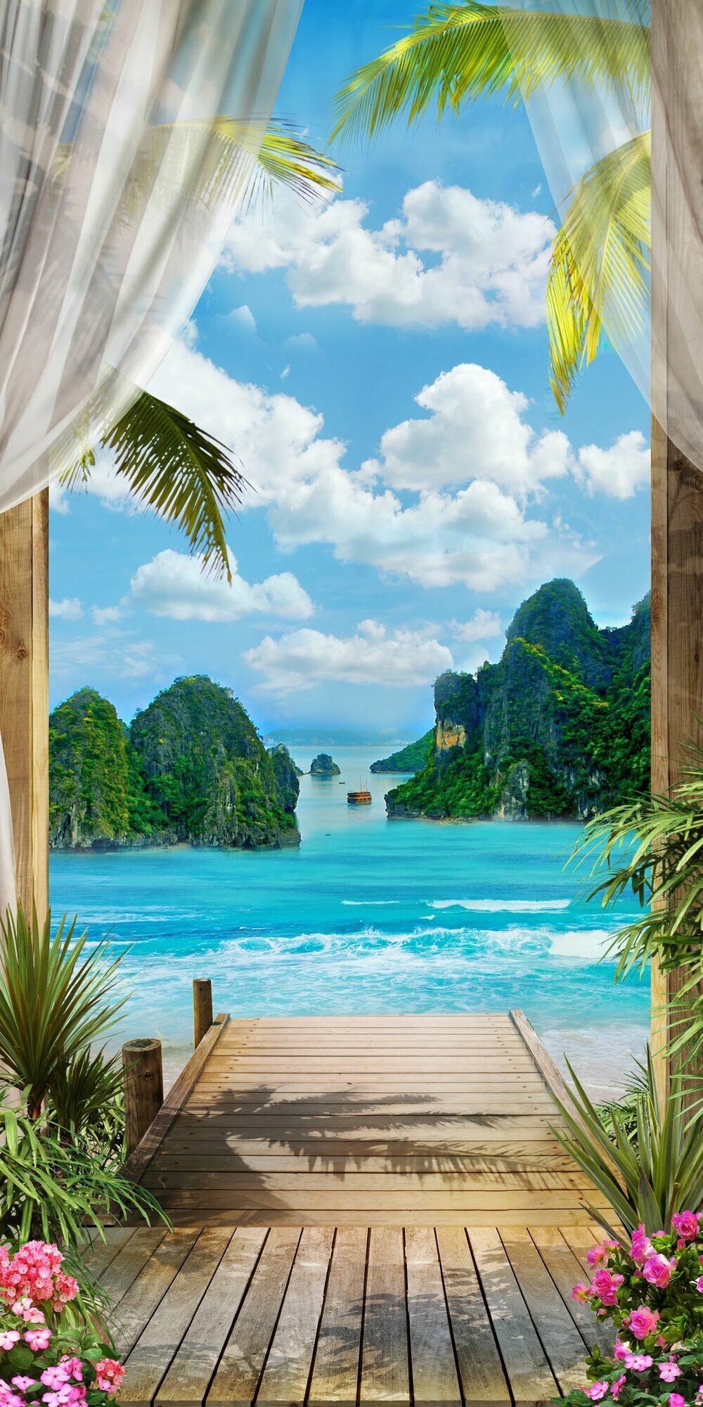 Фотообои Уютная стена "Терраса с мостиком к морю" 140х270 см Виниловые Бесшовные (единым полотном)