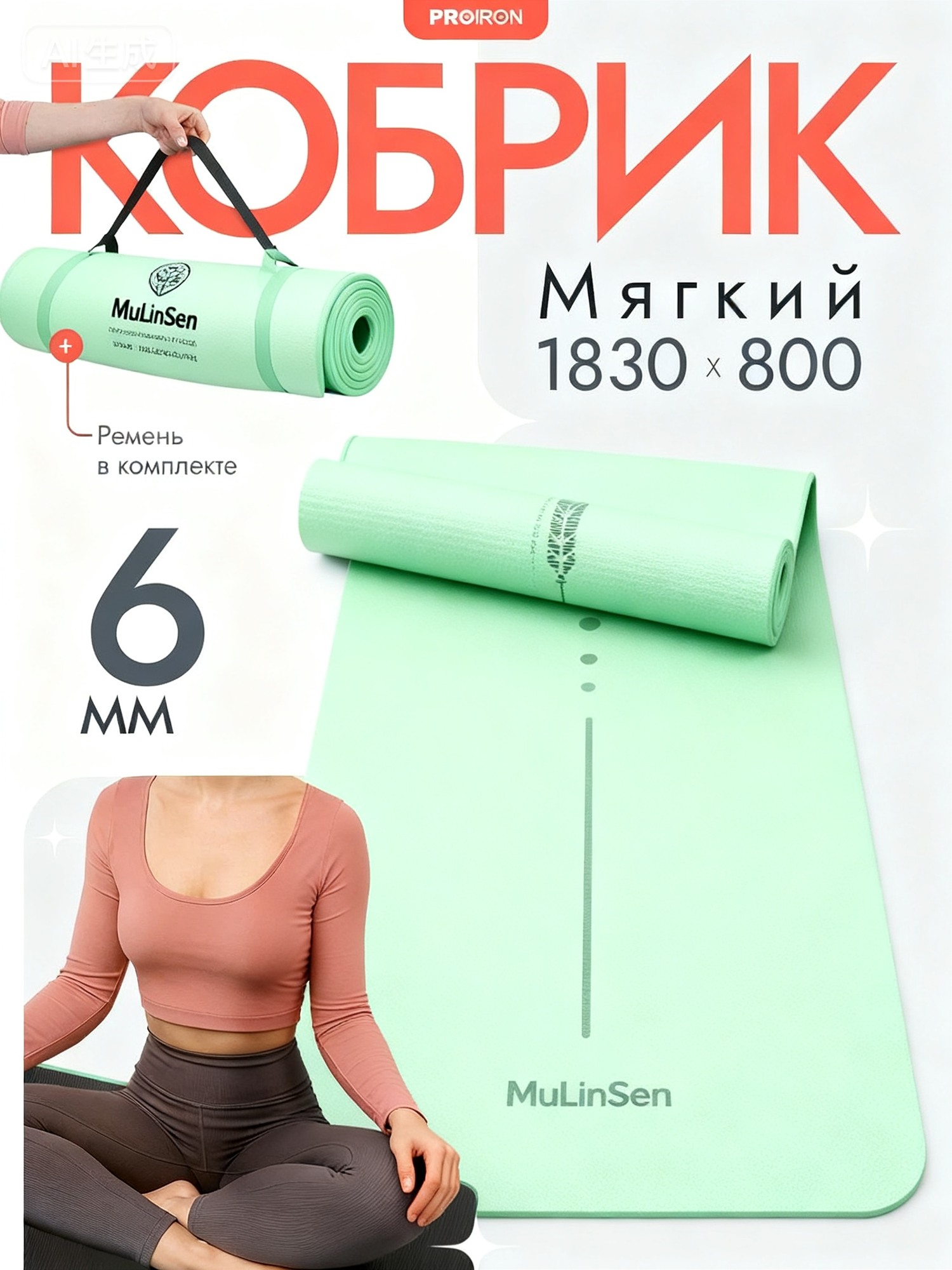 Коврик для фитнеса и йоги Mulinsen, нескользящий ТПЕ, зеленый, чехол