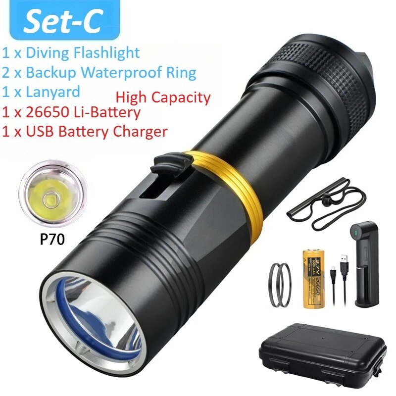 Водонепроницаемый алюминиевый фонарик XHP70 для дайвинга 6000 люмен Set-C