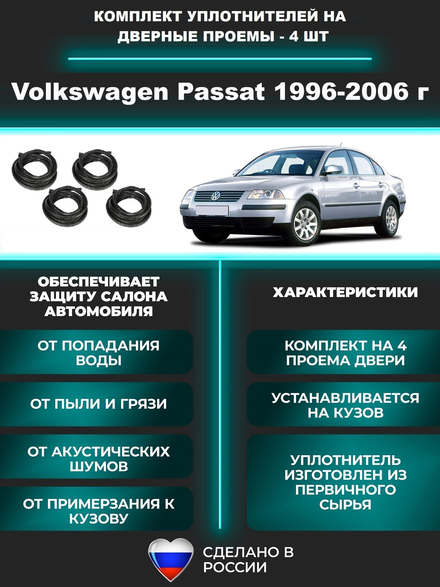 Комплект уплотнителей на проем дверей для Volkswagen Passat V 1996-2006 г, Фольксваген Пассат, 4 шт