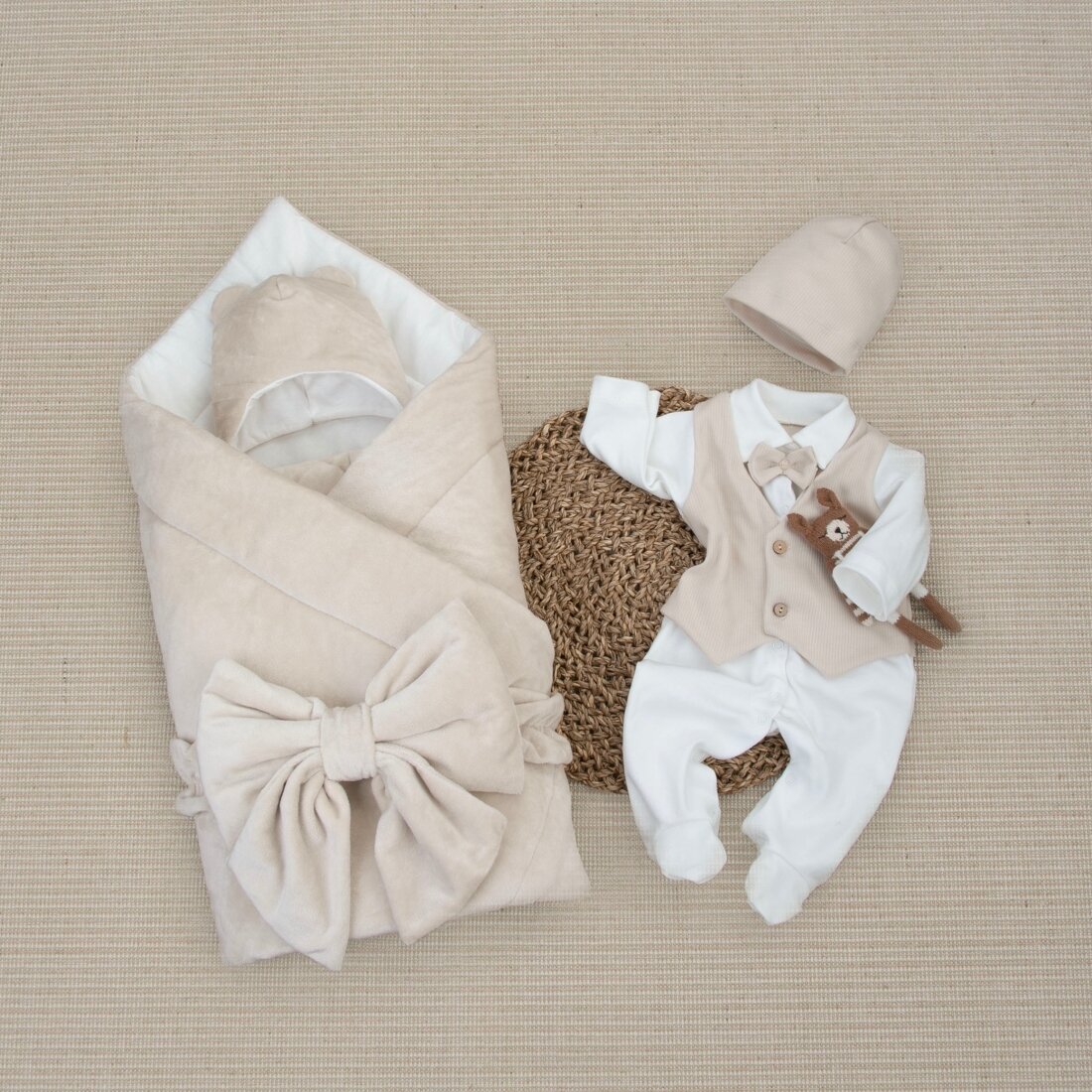 Комплект на выписку 5 предметов "Юный Джентльмен-1", демисезонный, бежевый