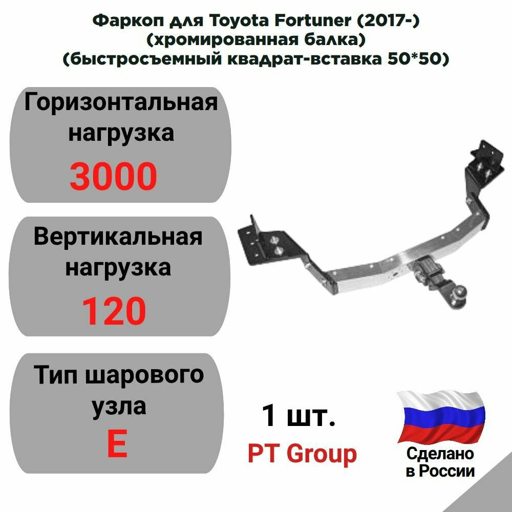 Фаркоп для Toyota Fortuner (2017-) (хромированная балка) (быстросъемный квадрат-вставка 50*50) "PT Group" TFR1699112400