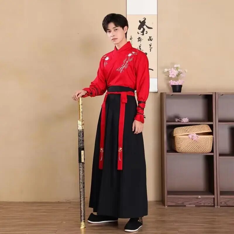 Hanfu костюм 4XL черный красный полиэстер спандекс 3XL, Red set men