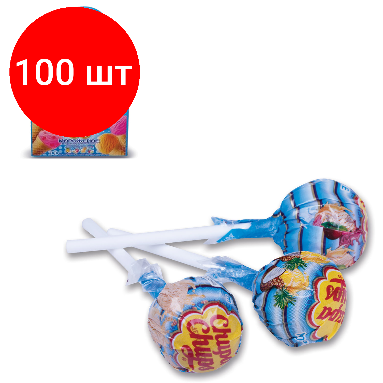 Комплект 100 шт, Карамель CHUPA CHUPS (Чупа-Чупс) "Мороженое", 12 г, 65425