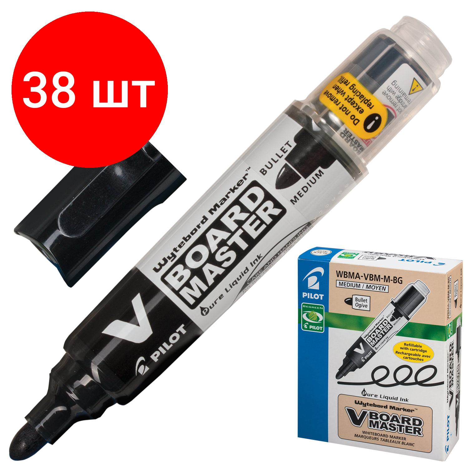 Комплект 38 шт, Маркер для доски PILOT "V-BOARD MASTER", черный, круглый наконечник, 4 мм, WBMA-VBM-M, WBMA-VBM-M B