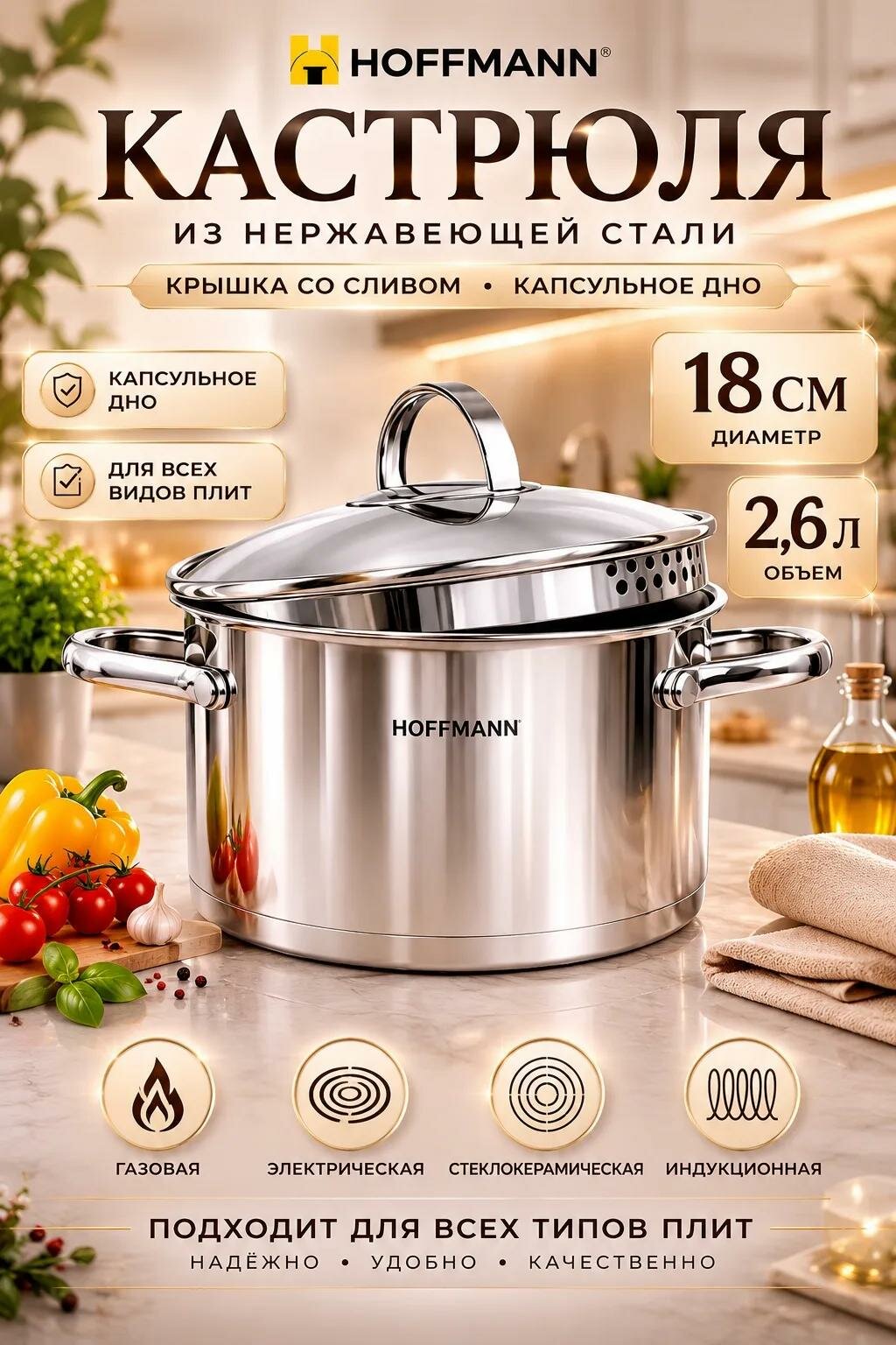 Кастрюля для индукционный плиты из нержавеющей стали 2,6л HOFFMANN