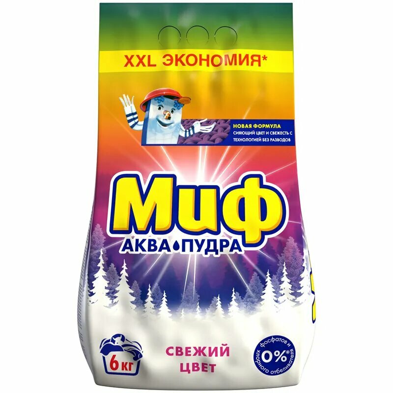 Стиральный порошок „Миф. Свежий цвет“: 6 кг (на 40 стирок)  —  сохраняет яркость и дарит свежесть