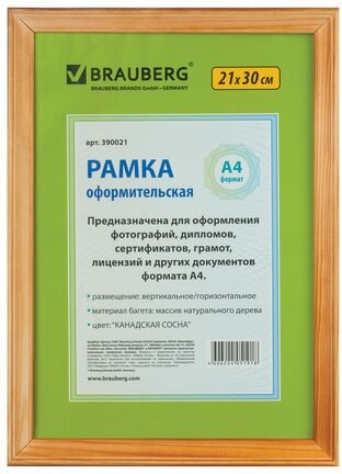 Рамки для фотографий BRAUBERG 21х30 см, дерево, багет 18 мм, BRAUBERG HIT, канадская сосна, стекло