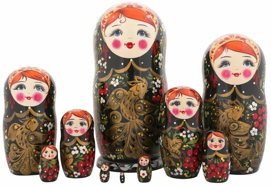 Матрешка деревянная Жар-Птица, черная, 10 мест / Развивающие детские игрушки
