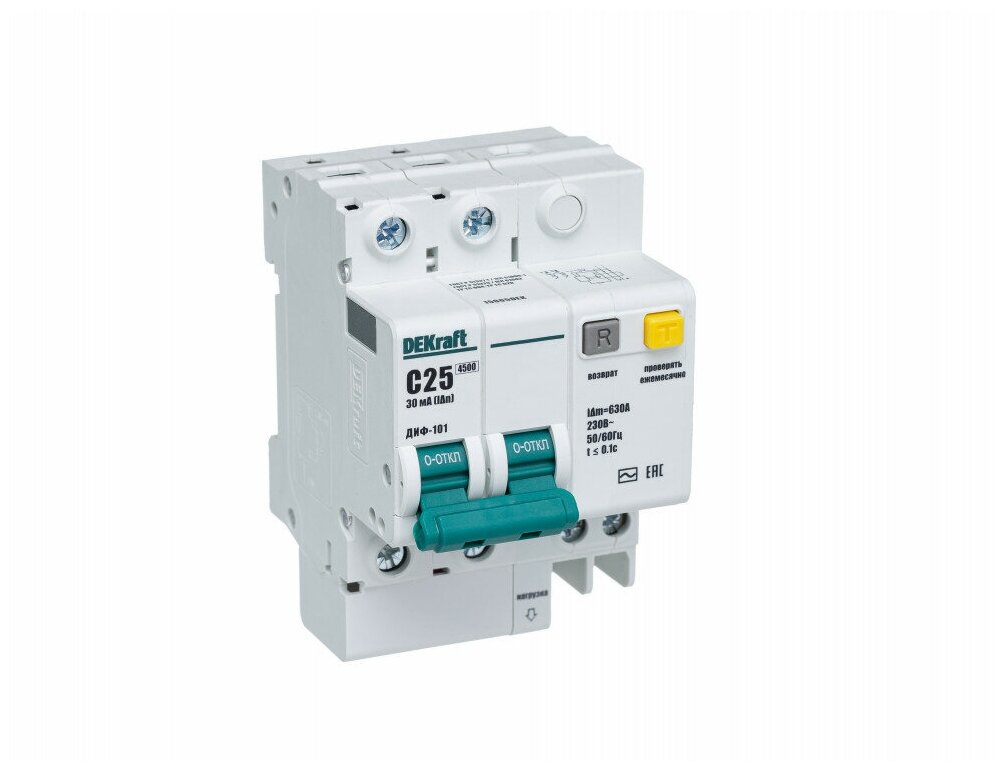 Выключатель автоматический дифференциальный (Автоматический выключатель дифференциального тока АВДТ) 2п 25А 30мА тип AC С 4.5кА ДИФ-101 Dekraft 15005DEK