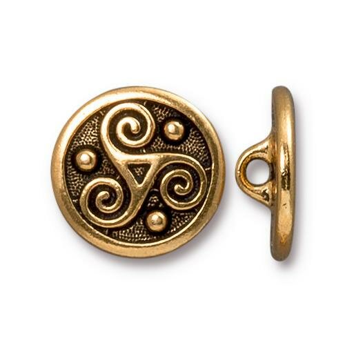 Пуговица 16.5х6мм, TierraCast, на ножке, Трискеле, базовый материал - оловянный сплав, позолоченный с чернением, 1 шт.