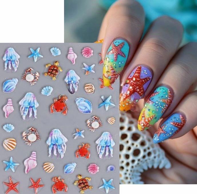 Наклейки для ногтей, Слайдеры для маникюра Морская звезда, Раковины, Медузы