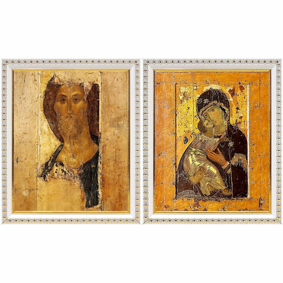 Венчальная пара "Спас Вседержитель (Андрей Рублев, 1410 г) - Владимирская икона Божией Матери (XII в)", две иконы в белых пластиковых рамках 17,5*20,5 см