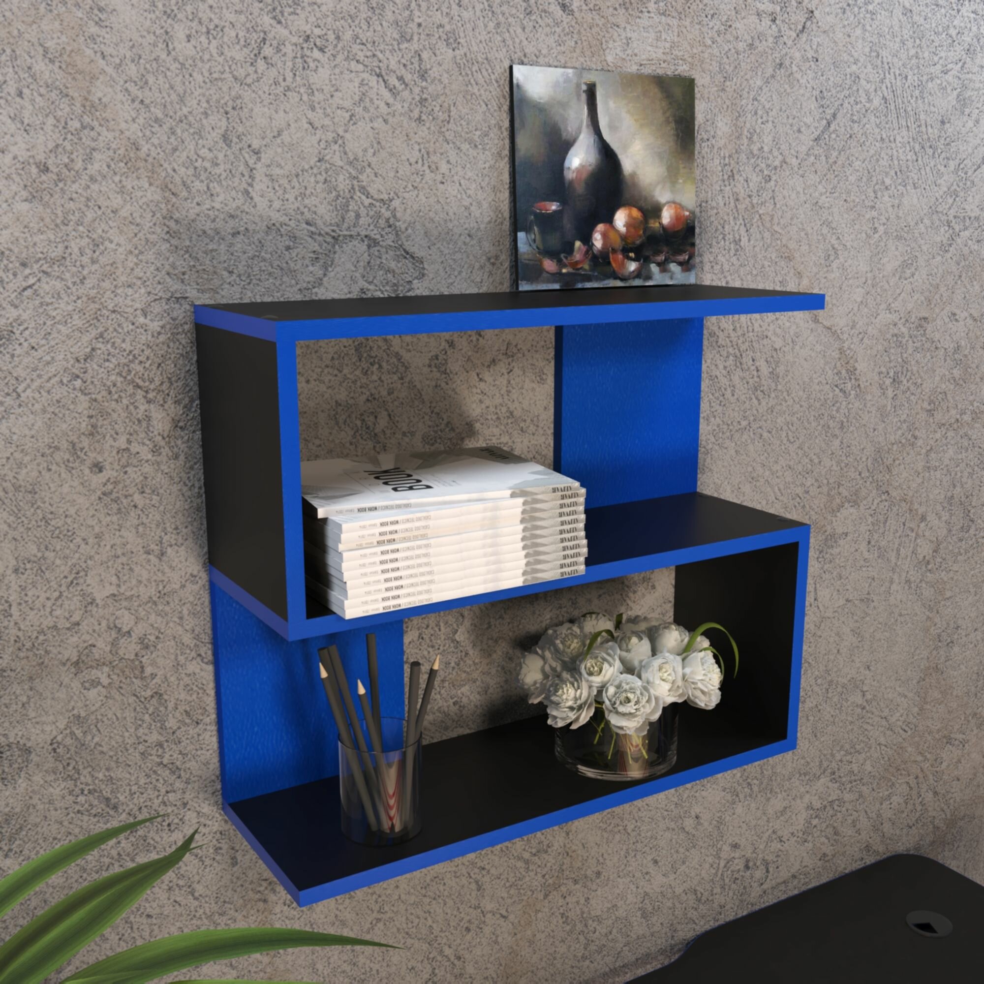 Полка настенная Сталкер, чёрная с синей кромкой