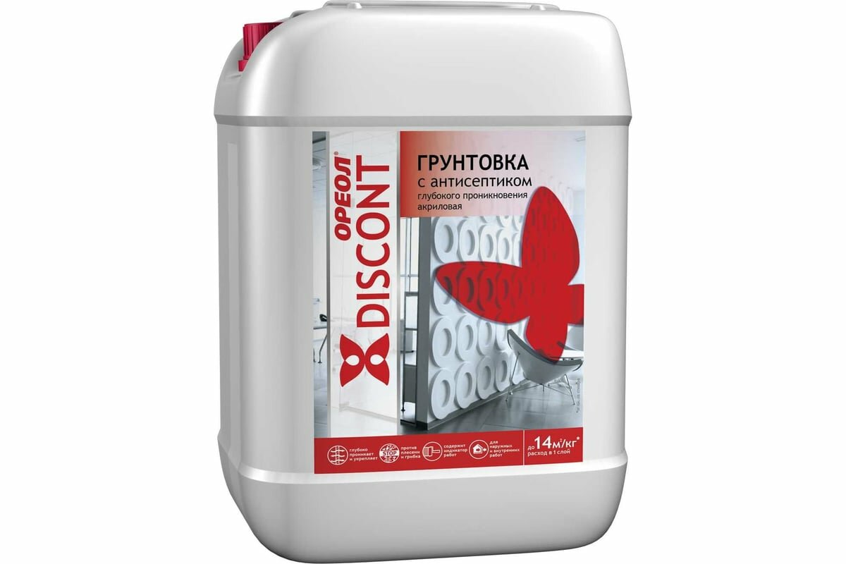 Грунтовка Ореол акриловая, с антисептиком, по бетону/ дереву/ кирпичу/ штукатурке, 5 кг