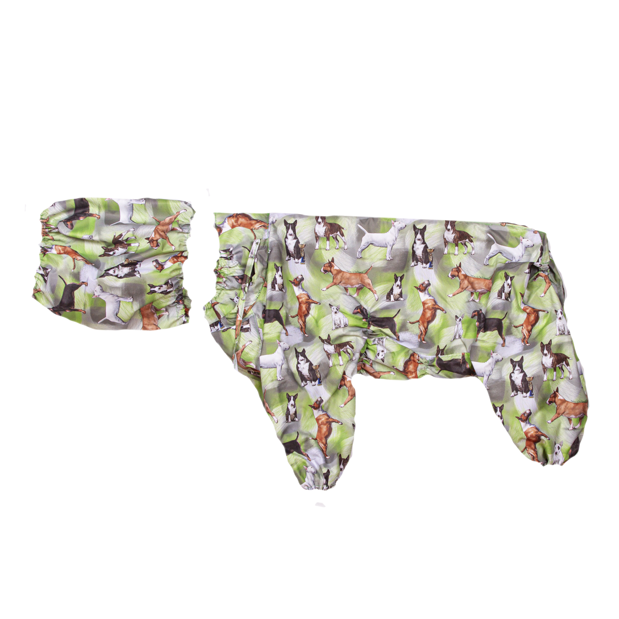 Комплект: Дождевик-комбинезон+Снуд (шапка) для бультерьера суки, мембрана, дизайнерский принт, цвет Бультерьеры