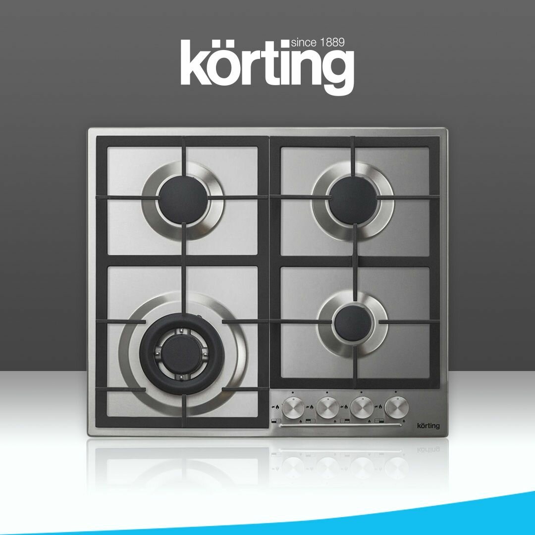 Газовая варочная панель Korting HG 665 CTX ширина 60 см, 4 конфорки, WOK, электроподжиг, нержавеющая сталь