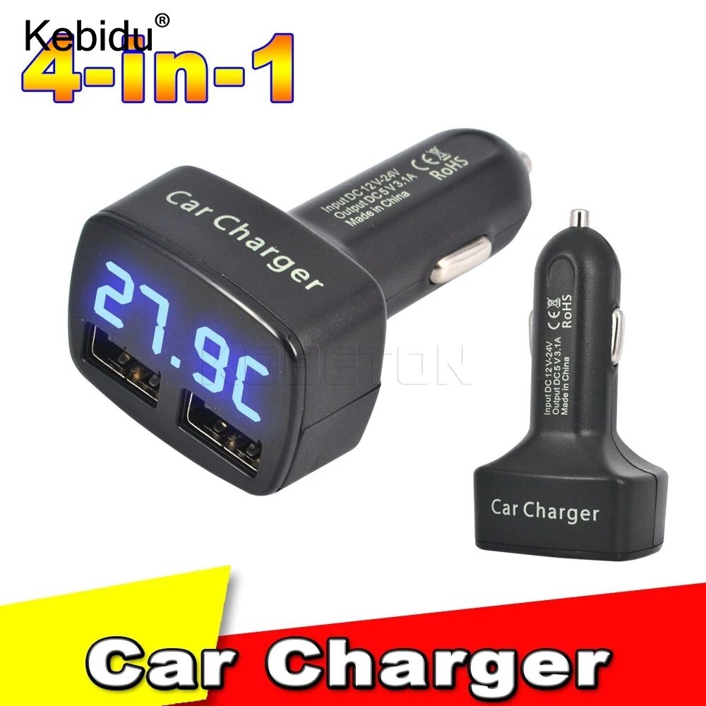 Автомобильное зарядное 12-24В Kebidu 4 в 1, USB с тестером, Black Red LED