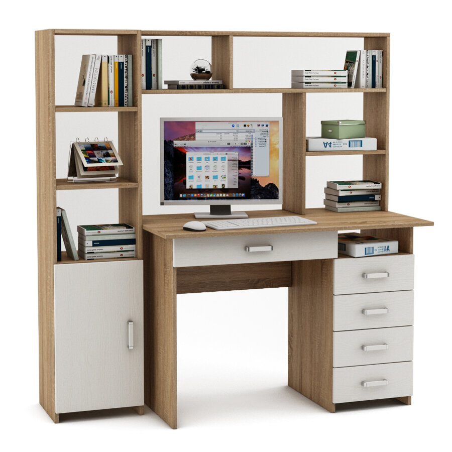 Стол письменный, компьютерный для школьника Лайт (Ньюкасл) 5Я, с надстройкой, 145х60х149,2 см, дуб сонома/белое дерево