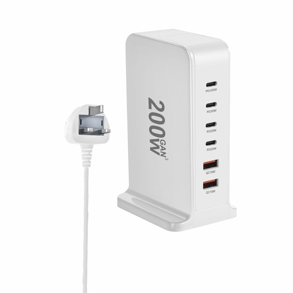Зарядное устройство,200W 2USB+4Type C 6-портовое зарядное устройство - британский стандарт - белый, 1 шт
