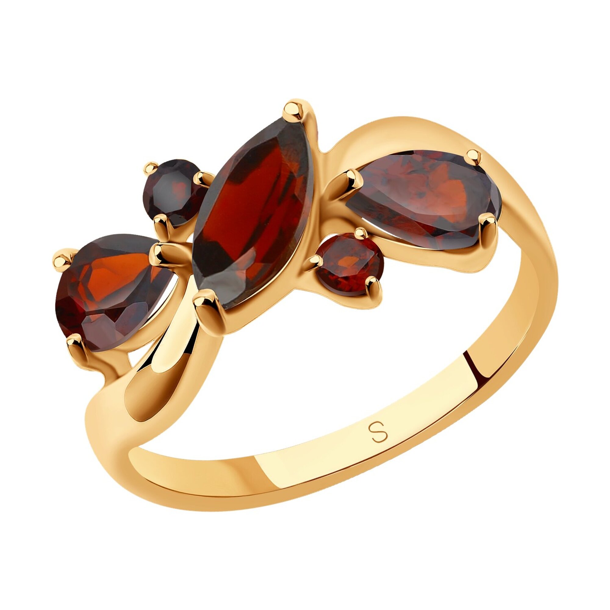 Кольцо, серебро, 925 проба, золочение, гранат