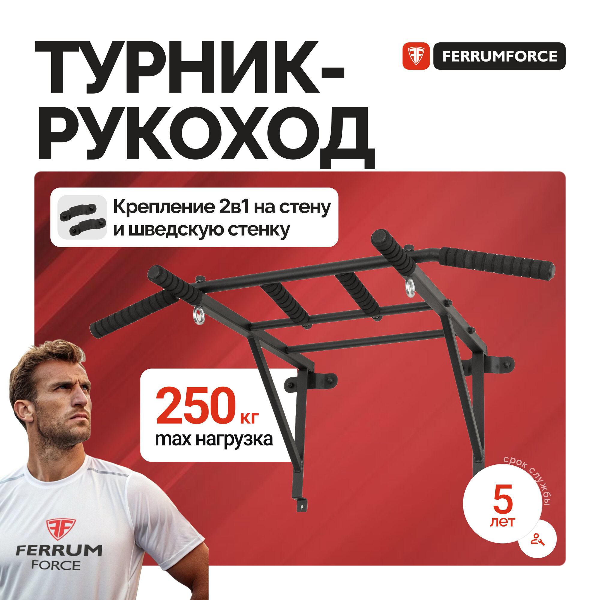 FerrumForce Турник рукоход, настенный и на шведскую стенку черный Серия multi