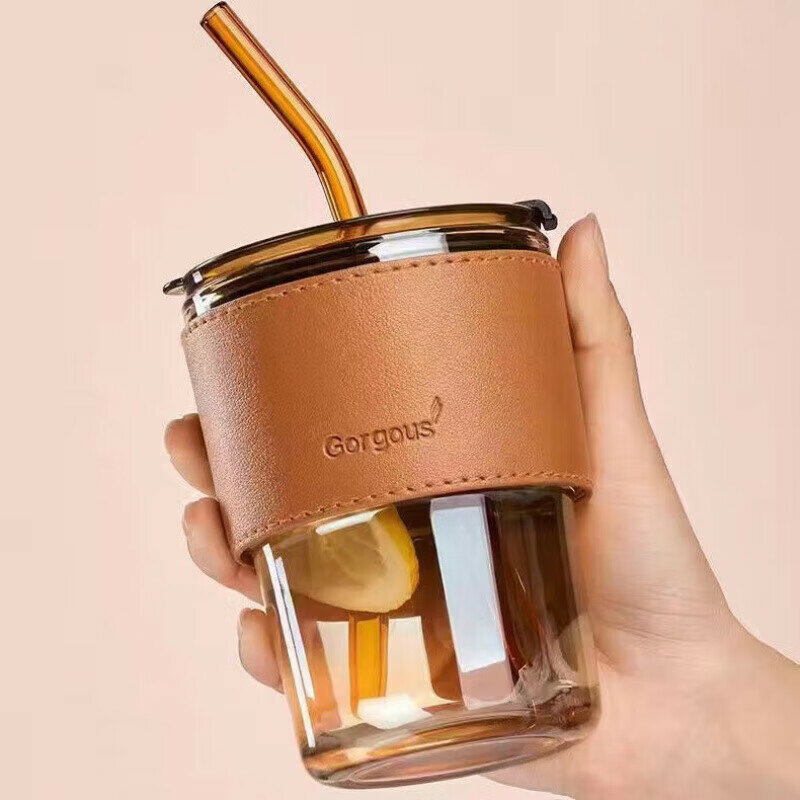 Baijie Glass Water Cup, Tea Cup, Drinking Cup, Straw Cup, Wind-Blown Lid Coffee Milk Tea Cup, Women's Hexi Color Bamboo Joint Cup